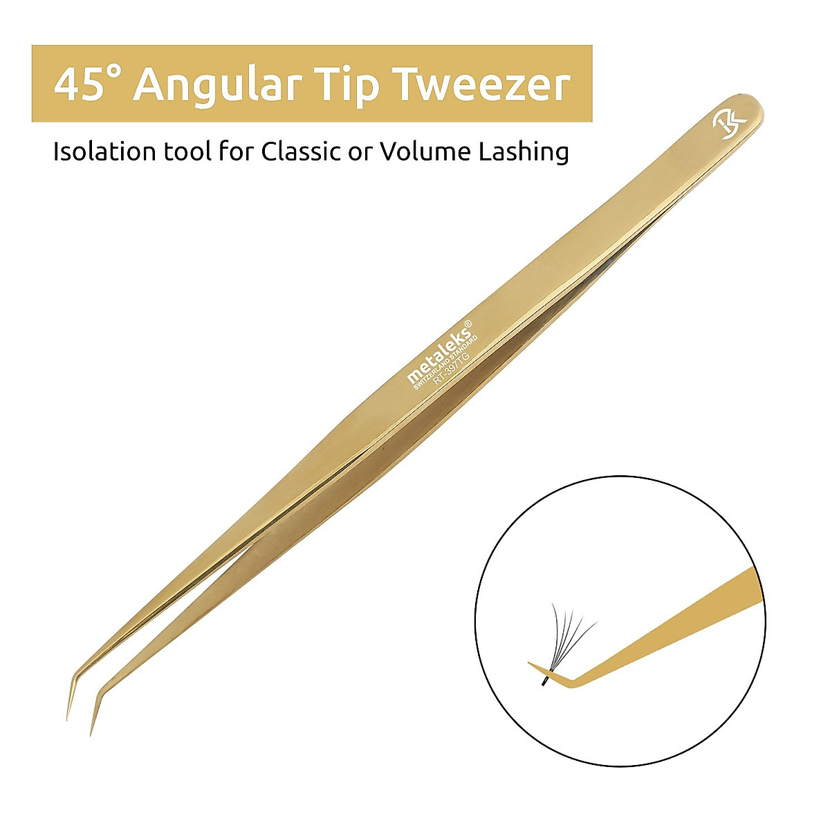 14cm Metaleks Lash Tweezers Japanese Steel Lash Extension Tweezers 45 Degree Angular Tip. (Golden Titanium Coated.)