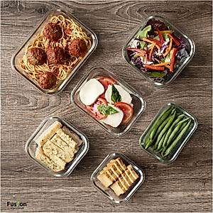 Fusion Gourmet Glass Meal Prep Containers with Lids [6 Pack] Storage Containers, Leak proof, Airtight Locking Lids, Microwave, Oven, Freezer & Dishwasher Safe