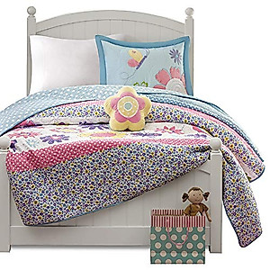 Mi Zone Kids Crazy Daisy Bedding For Girls Quilt Set - Sky Blue, Pink , Flowers, Butterfly – Kids Girls Quilts – Ultra Soft Microfiber Quilt Sets Coverlet, Full/Queen 4Piece