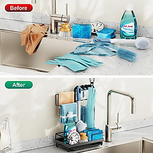 GSlife Sink Caddy Kitchen Sink Organizer - Large Sponge Holder for Kitchen Countertop with Hooks for Dish Brush Gloves, Dish Cloth Hanger, Rustproof Kitchen Caddy with Drip Tray, Black