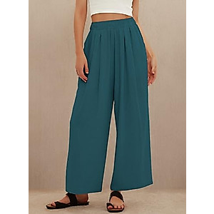 Beaully Women's Summer Linen Pants Casual Loose High Waist Wide Leg Long Pants Trousers with Pockets 6096 Lake Blue XX-Large