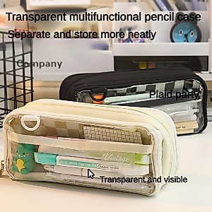 pzq ITA Pencil Pouch Large Capacity Checkered Pencil Case with Zipper Organizer transparent Pencil Bag (Black)