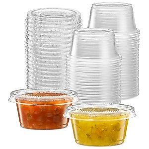 (2 oz - 100 Sets) Clear Diposable Plastic Portion Cups With Lids, Small Mini Containers For Portion Controll, Jello Shots, Meal Prep, Sauce Cups, Slime, Condiments, Medicine, Dressings, Crafts,