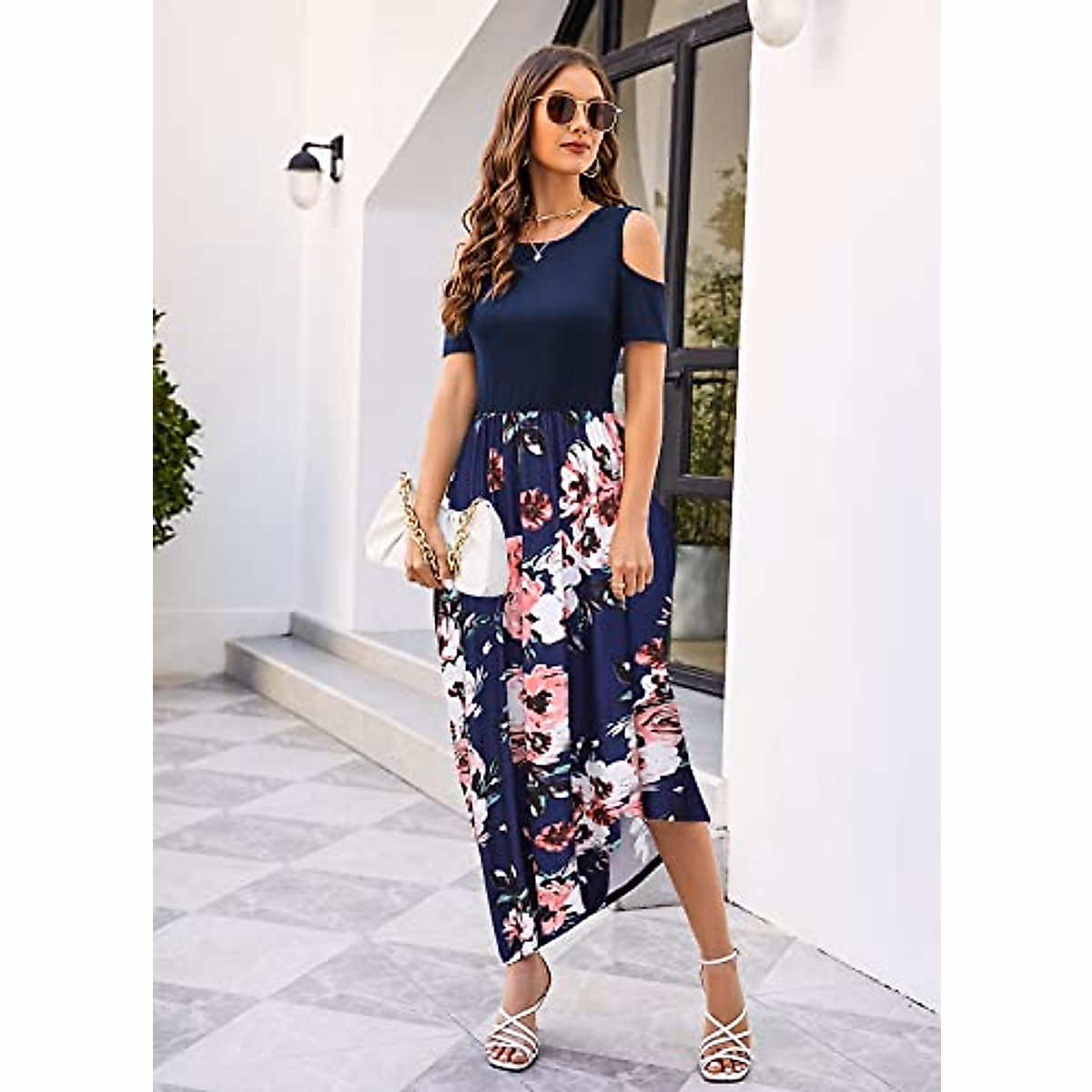 Kancystore Women's Beach Long Dress Floral Print Short Sleeve Casual Flowy Dresses (Navy Blue_XL)