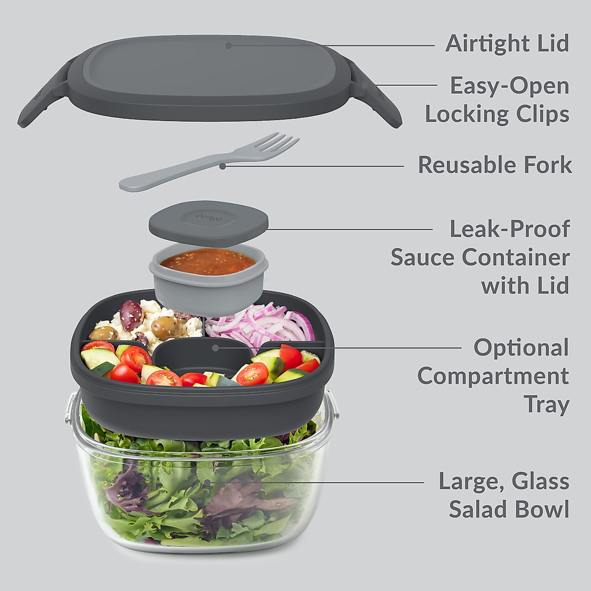 Bentgo® Glass - Leak-Proof Salad Container with Large 61-oz Salad Bowl, 4-Compartment Bento-Style Tray for Toppings, 3-oz Sauce Container for Dressings, and Built-In Reusable Fork (Dark Gray)