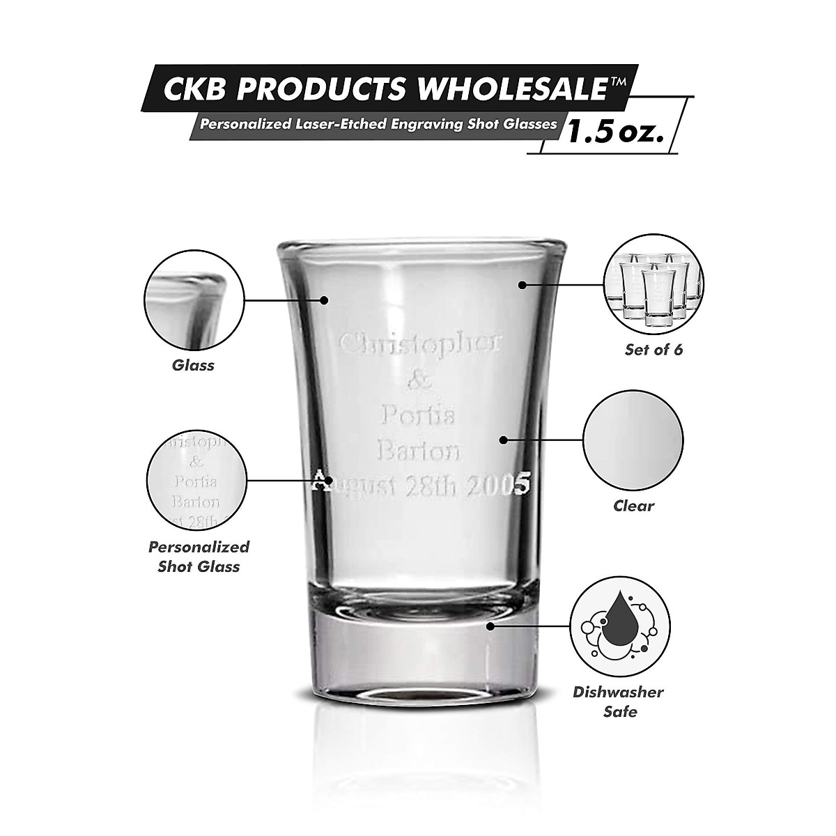 CKB Products Personalized Laser-Etched Engraving Shot Glasses - Set of 6-1.5 oz. - Your Choice of 12 Fonts - Wedding - Birthday - Anniversary - Graduation