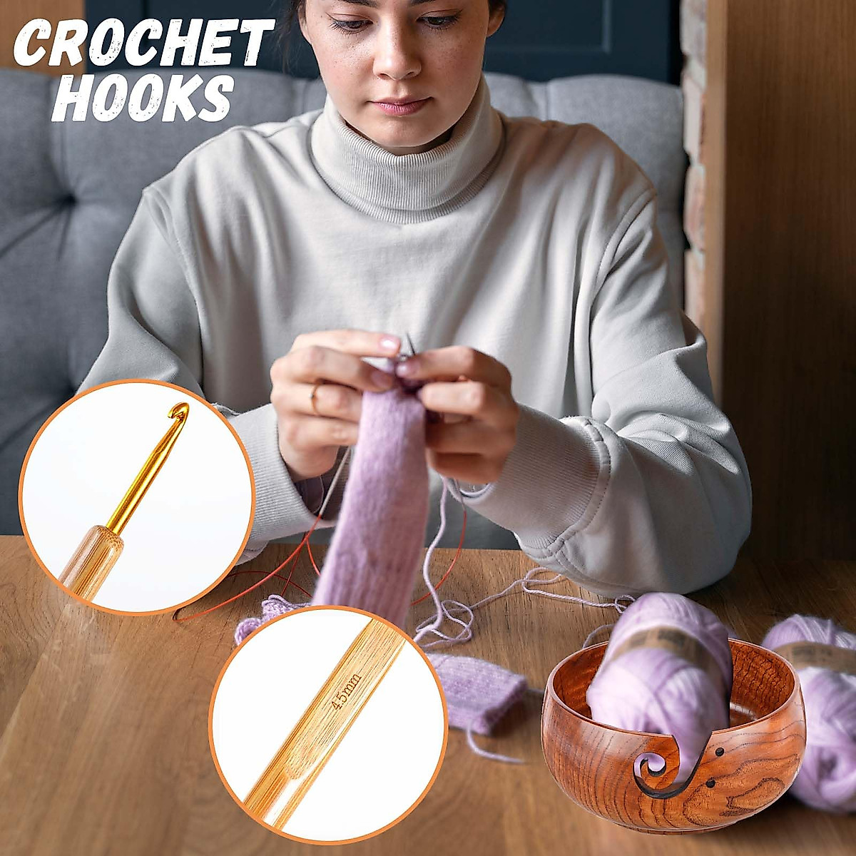 Wooden Yarn Bowl with 8Pcs Metal Crochet Hooks, Knitting Yarn Bowl with Holes Storage Handmade to Prevent Slipping, Perfect Yarn Holder Bowl for Crocheting and Knitting Mother's Day Gift 6" x 3"