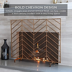 Best Choice Products 38x31in Single Panel Handcrafted Wrought Iron Mesh Chevron Fireplace Screen, Fire Spark Guard for Living Room, Bedroom Décor w/Distressed Antique Finish - Gold