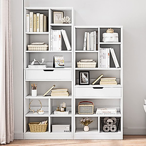IOTXY Wooden Open Shelf Bookcase - 71 Inches Tall Freestanding Display Storage Cabinet Organizer with 10 Cubes and a Drawer, Floor Standing Bookshelf in Warm White