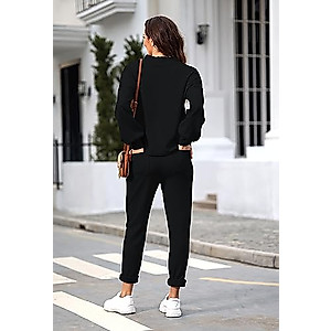 Women's 2 Piece Pant Set Sweatsuit Long Lantern Sleeve Sweatshirt Jogger Pant Tracksuit Black M