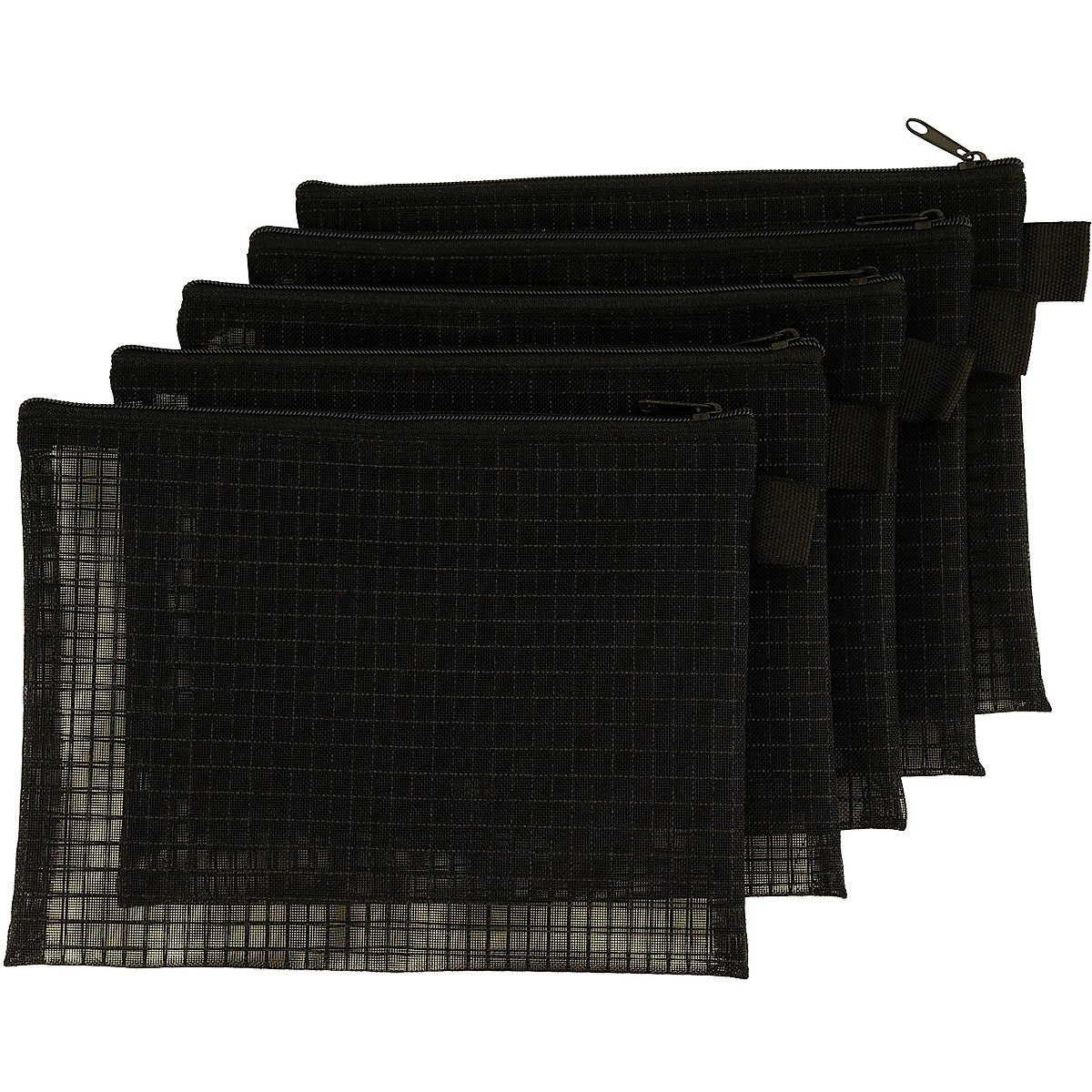 Mesh Bag With Zipper, Set Of 5, Organize Supplies, Cosmetics, Travel Accessories (6x8, Black)