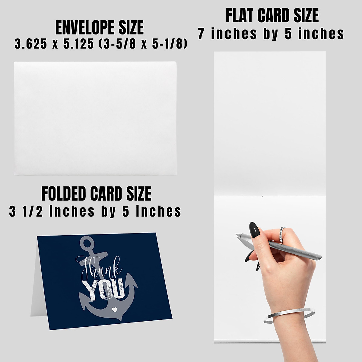 Paper Clever Party Anchor Thank You Cards with Envelopes for Bridal Shower, Wedding, Any Occasion, Blank Notecards Boys Baby Shower, 20 Pack