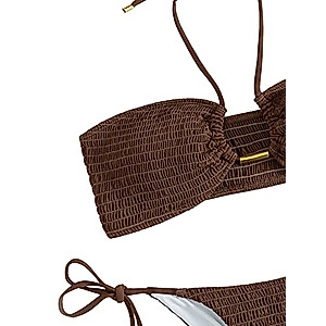 SweatyRocks Women's 2 Piece Bathing Suit Ribbed Tie Side Halter Bikini Swimsuit Coffee Brown M