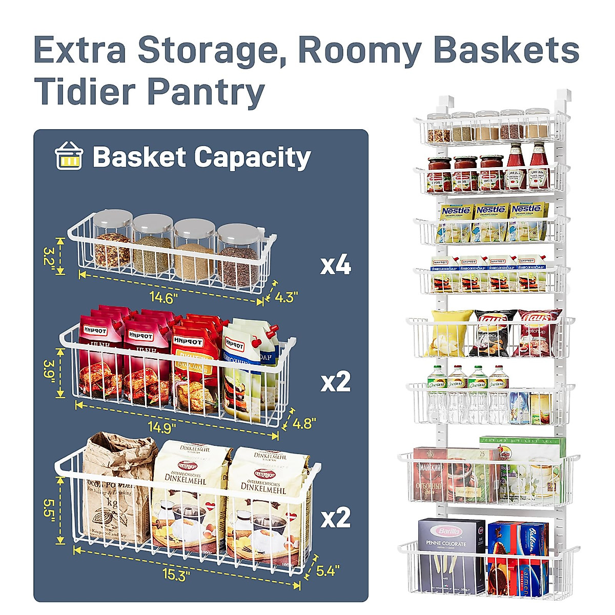 8-Tier Over The Door Pantry Organizer, Pantry Organization and Storage, Deep Baskets Hanging Heavy-Duty Metal, Spice Rack Seasoning Shelves, Home & Kitchen, Laundry Room Bathroom Organization (White)
