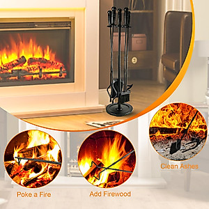 VODA Fireplace Tools Set 5 Pcs 31In Cast Iron Fireplace Tools Indoor Fireside Accessories Large Fire Place Tool Set Outdoor Holder Fire Kit with Poker Shovel Tongs Brush, Stand