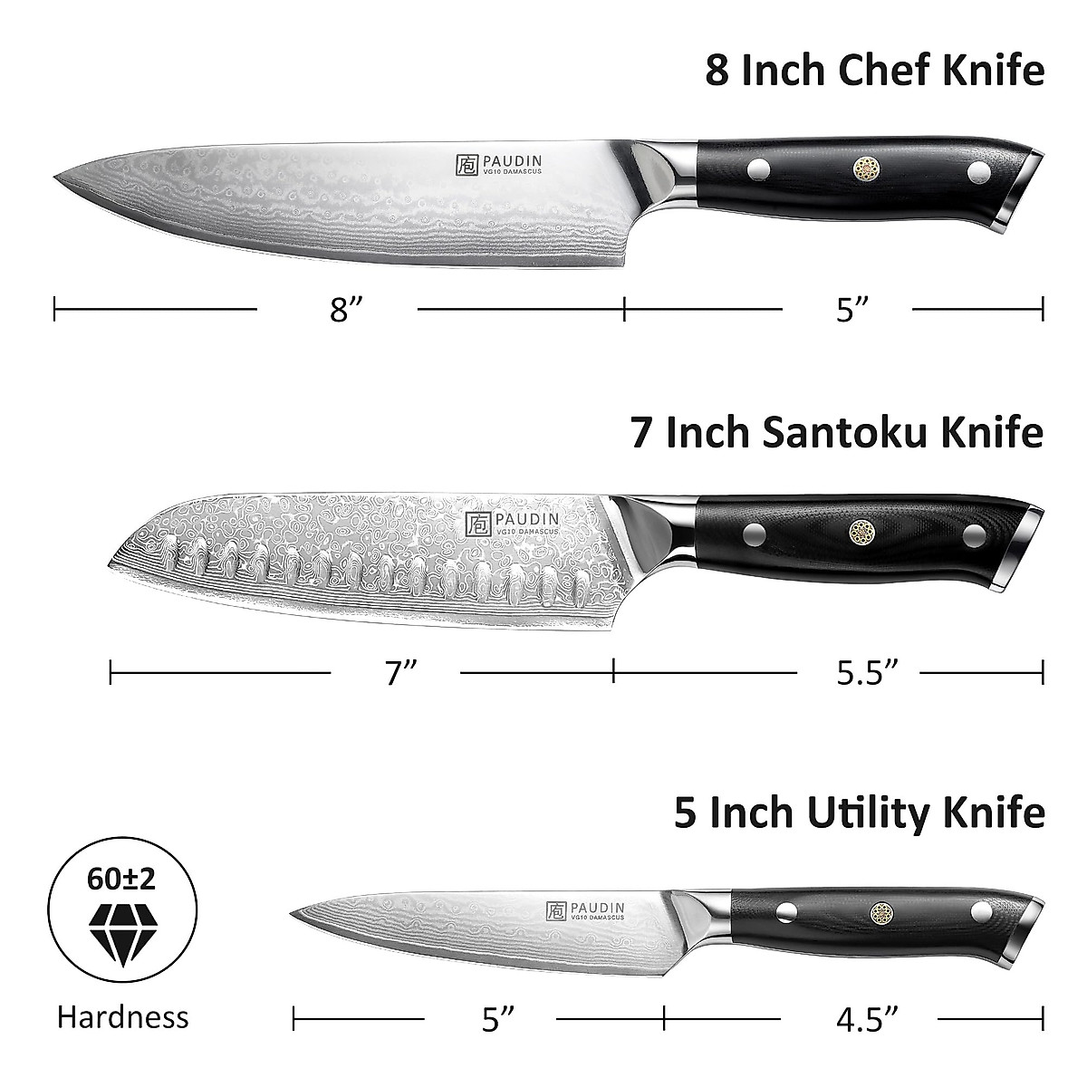PAUDIN Damascus Knife Set 3 PCS, Kitchen Knife Set with Japanese VG10 Steel Core, Ultra Sharp Chef Knife Set with Full Tang G10 Handle, Damascus Kitchen Knives