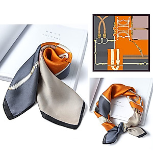 ANDANTINO 100% Real Mulberry Silk Scarf -21'' x 21''- Lightweight Neckerchief –Women Men Small Square Digital Printed Scarves (Belts-Orange-Grayish Blue)