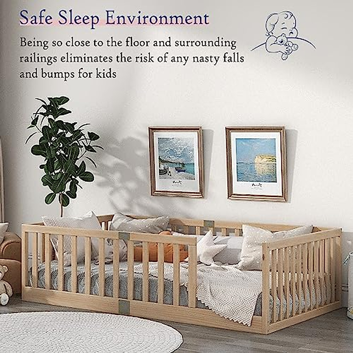 Tatub Twin Floor Bed with Safety Guardrails, Montessori Floor Bed for Kids, Wood Kids Floor Beds Frame, Entry Can Install Left and Right, Twin-Nature