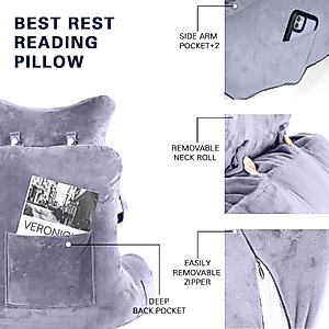 Reading Pillow-Bed Rest Pillow with Detachable Neck Roll & Higher Support Arm for Sitting in Bed Couch or Floor-Backrest Reading Pillow Adult Back Pillow for Reading/Watching TV/Gaming/Relaxing