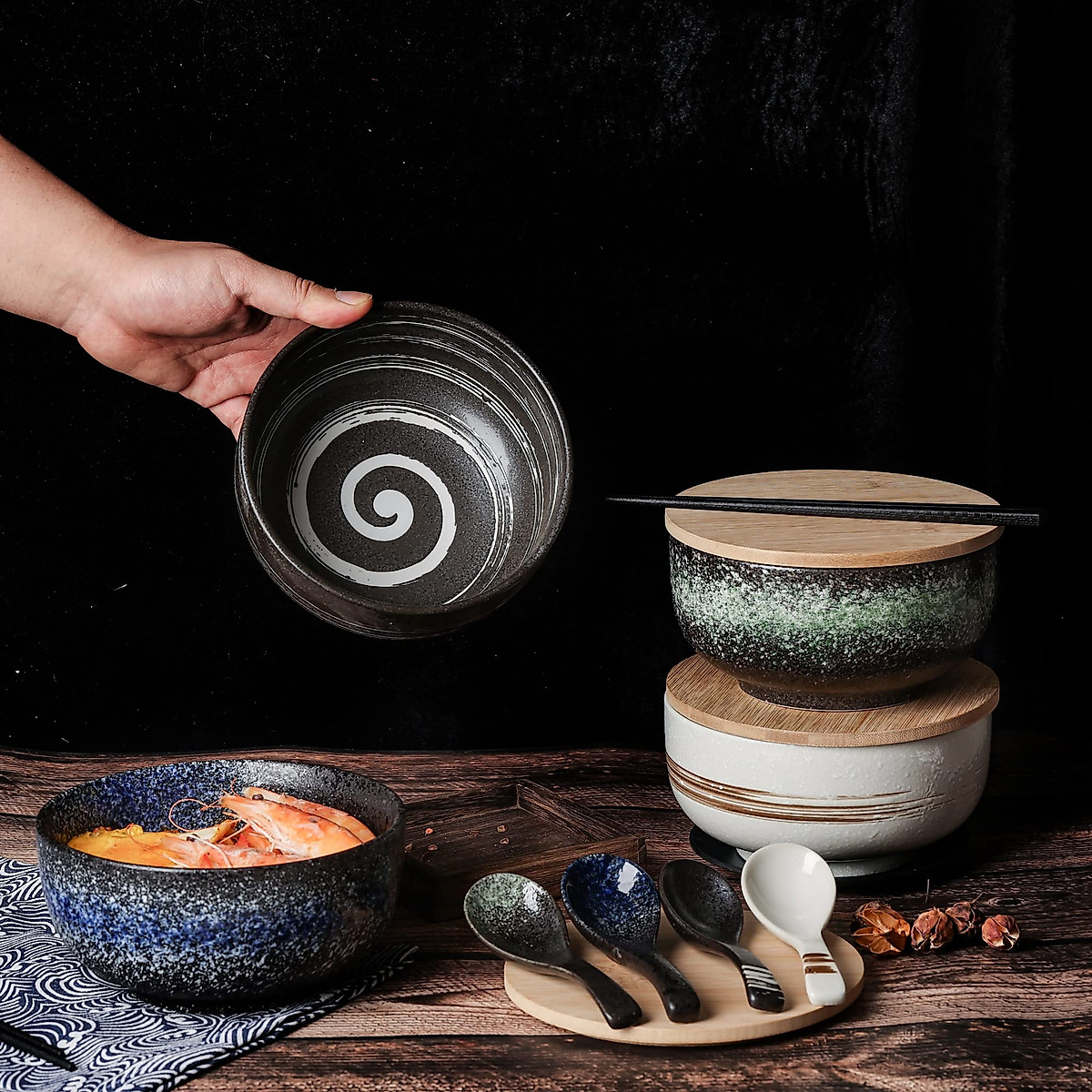 Cteaffee 38 OZ Large Ceramic Ramen Bowls Sets， Japanese ramen bowls, soup bowl, noodle bowls with Spoons and Chopsticks For Salad, Rice, Noodles, Microwave & Dishwasher Safe (Ramen bowl set)