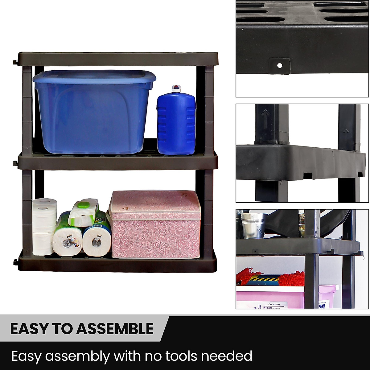 Koolatron Oskar 3 Tier Plastic Shelf, Garage Shelving Unit, Rack and Storage Shelves - Ideal for Storage Shed, and Shelf Organizer - Perfect for Garage Storage and Shelving Solutions,Black