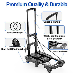 Folding Hand Truck, Pre-Installed 600lbs Heavy Duty Dolly Cart, Portable 6 Wheels Collapsible Luggage Cart with 2 Elastic Ropes for Luggage, Travel, Moving, Shopping, Office Use
