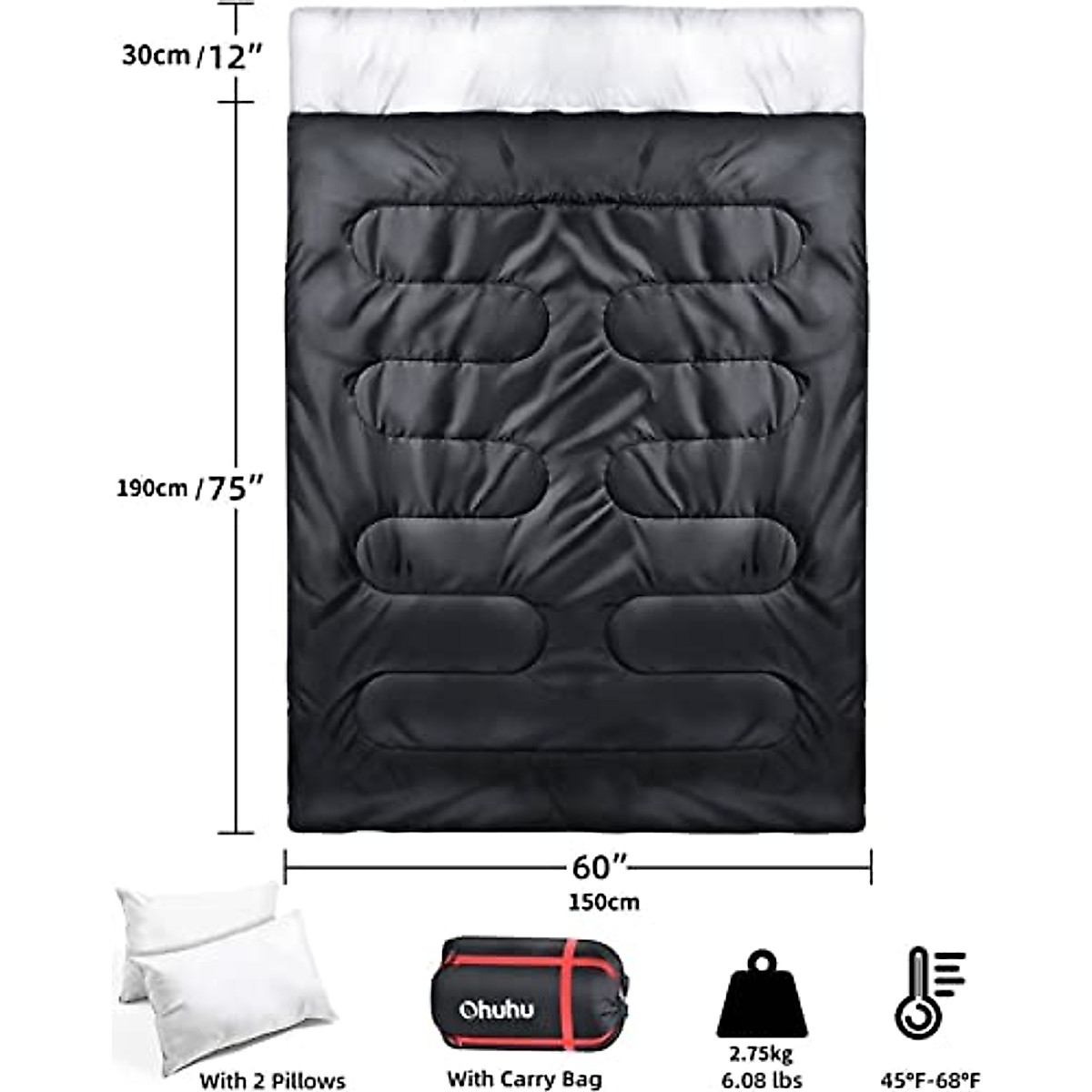 Ohuhu Double Sleeping Bag with 2 Pillows, Waterproof Lightweight 2 Person Adults Sleeping Bag for Camping, Backpacking, Hiking, with Carrying Bag (Black)