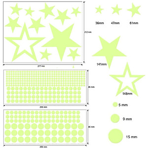 Sursarbelor Luminous Φ30cm Big Moon and Stars Dots Wall Stickers, 435 Pieces Glow in The Dark Stickers, Wall Ceiling Sticker Decals for Home Party Kids Room Decorations