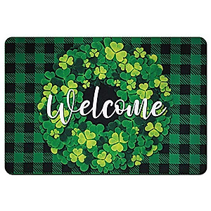 St. Patrick's Day Doormat Lucky Shamrocks Printed Doormat Green Shamrocks Leaves Area Rugs Non Slip Rubber Entrance Bathroom Front Door Rug Irish Floor Welcome Mat for Indoor Outdoor, 15.7 x 23.6 Inch