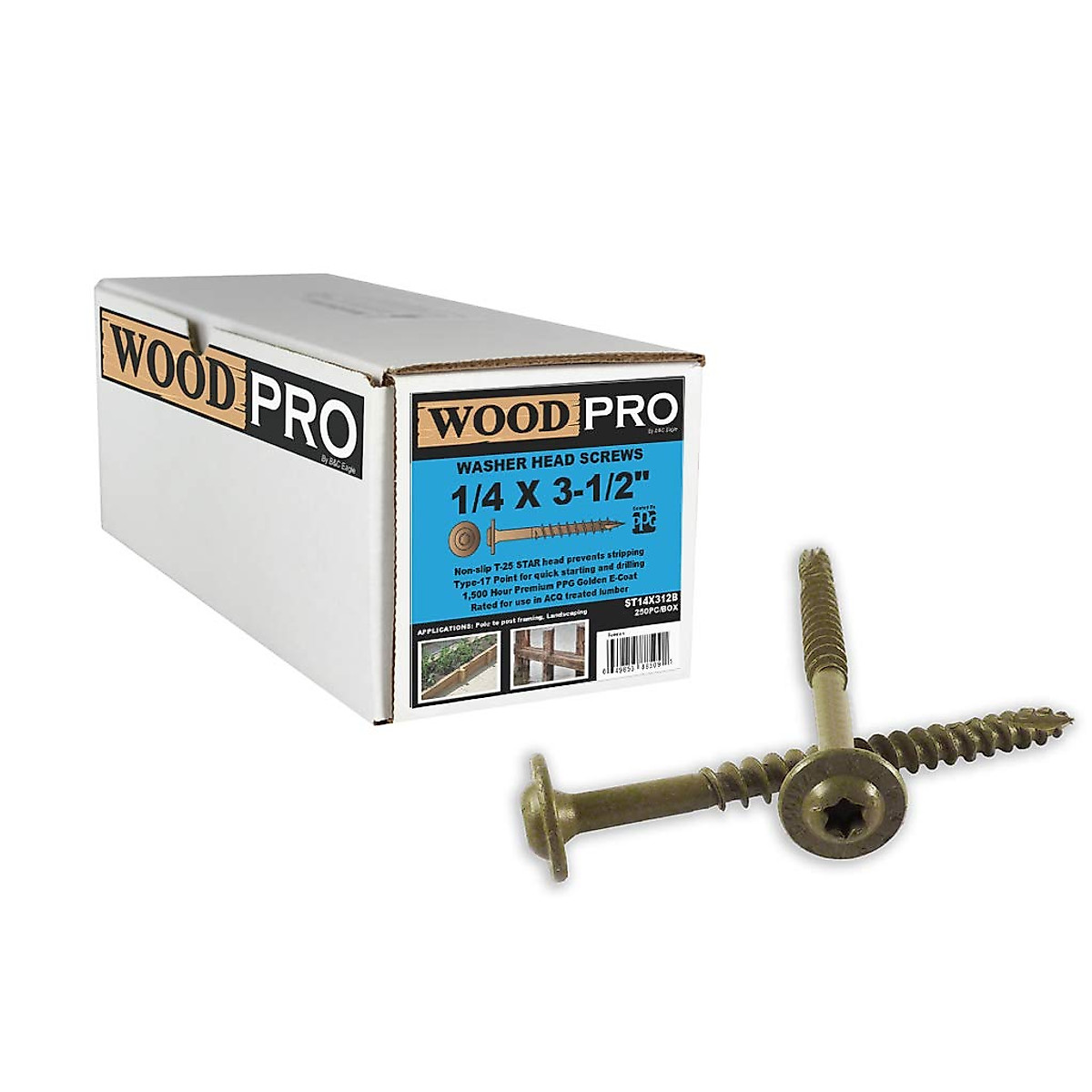 WoodPro Fasteners ST14X312B 1/4-Inch by 3-1/2-Inch Length Round Washer Head Exterior Wood Screws, 250-Pack , Gold