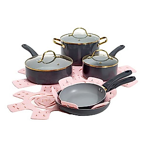 Paris Hilton Epic Nonstick Pots and Pans Set, Multi-layer Nonstick Coating, Tempered Glass Lids, Soft Touch, Stay Cool Handles, Made without PFOA, Dishwasher Safe Cookware Set, 12-Piece, Charcoal Gray