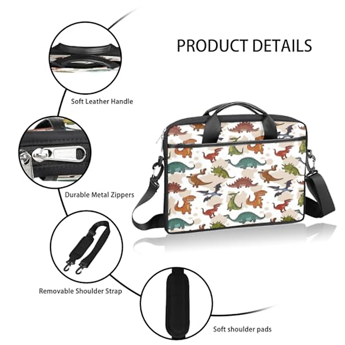 Cute Dinosaurs Design Laptop Computer Bag Waterproof Shoulder Messenger Bag 13-15 inch Durable Laptop Tote Bag with Shoulder Strap Handle Lightweight Crossbody Briefcase
