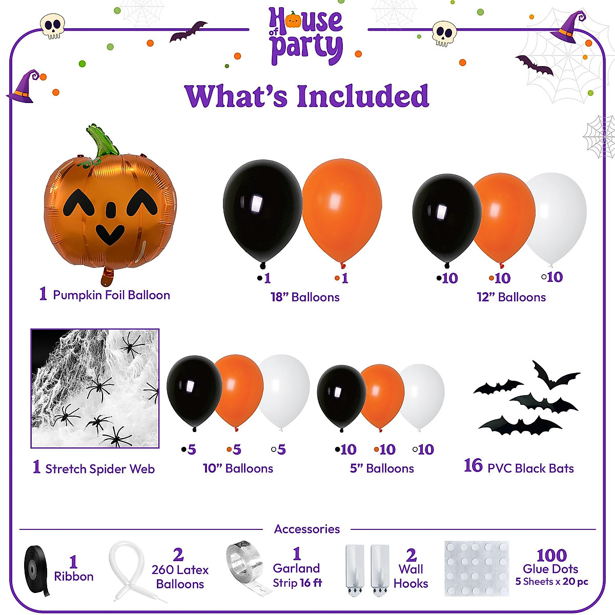 HOUSE OF PARTY Halloween Balloon Garland Kit 80 Pcs - 5/10/12/18 Inch Orange and Black White Balloon Arch with 1 Pumpkin Foil Balloon, PVC Bats & Spider Web For Halloween Party Decorations