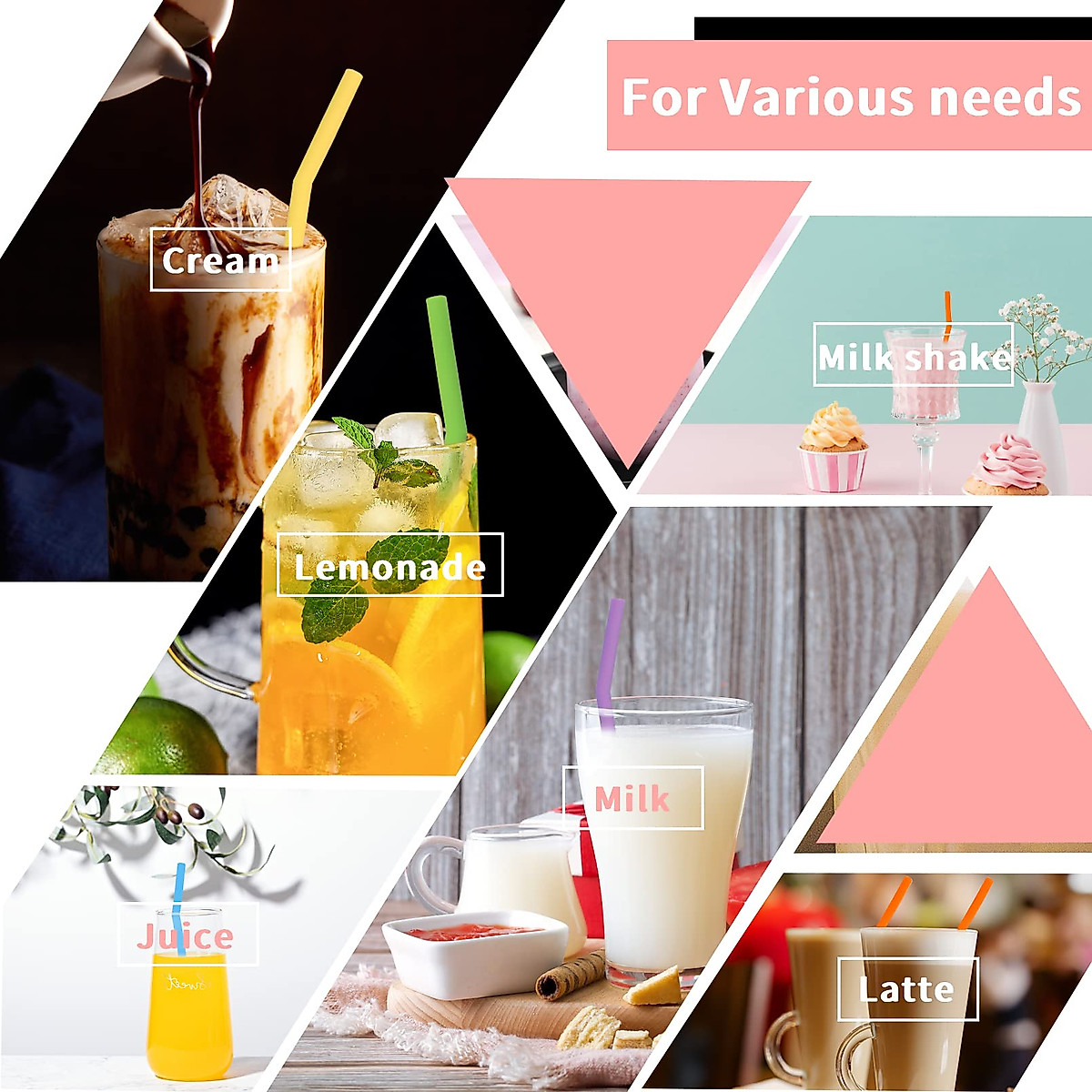 RAIBEATTY Reusable Silicone Straws,18Pcs Silicone Drinking Straws,6.7" Flexible Short Drink,BPA Free Silicone Straw for 6-12 oz Tumblers & 3 Cleaning Brush,No Rubber Taste,6 Colors