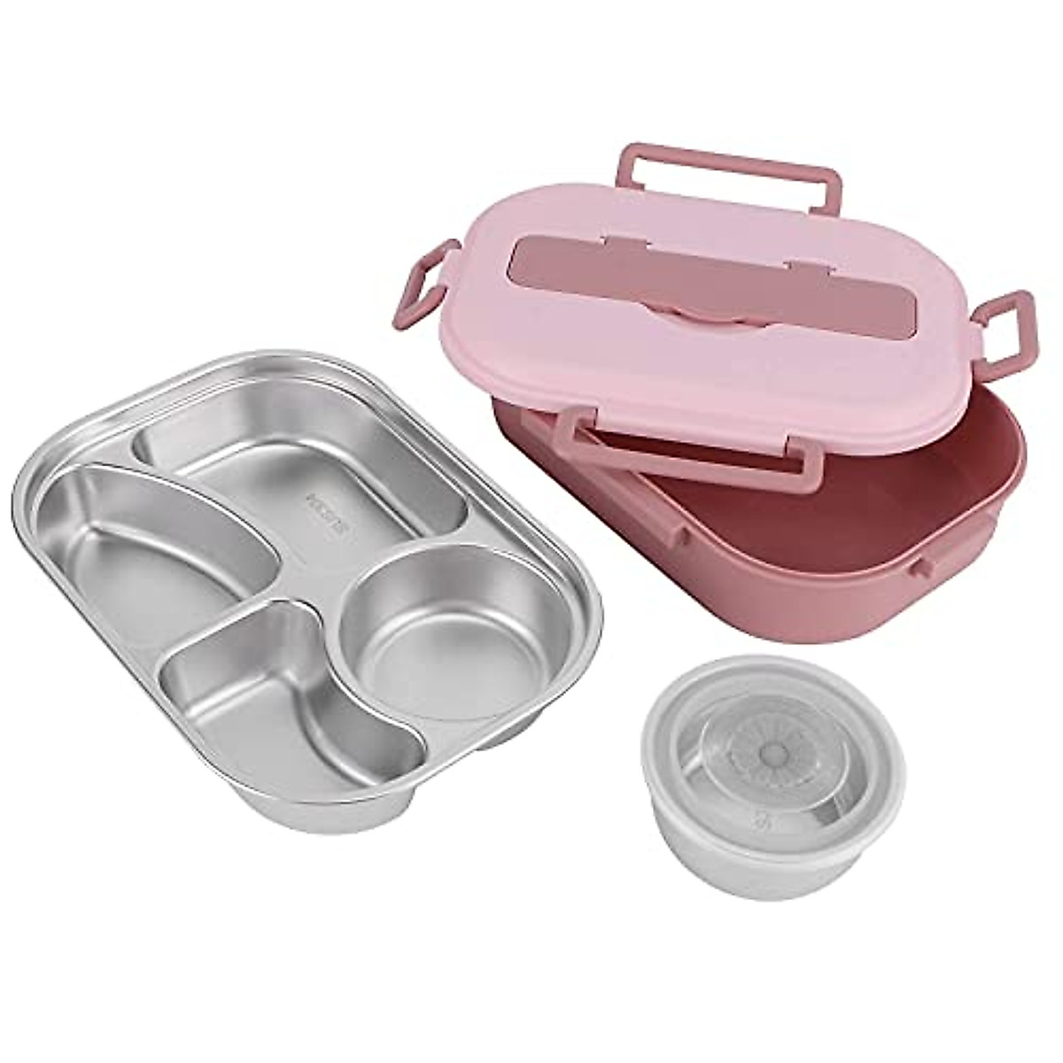 Raviga Stainless Steel Lunch Box 4 Compartments Portable Bento Box for Kids Student or Adult Food Storage Containers with Lids Airtight Soup Bowl And Tableware Large Capacity 50-oz(Pink)