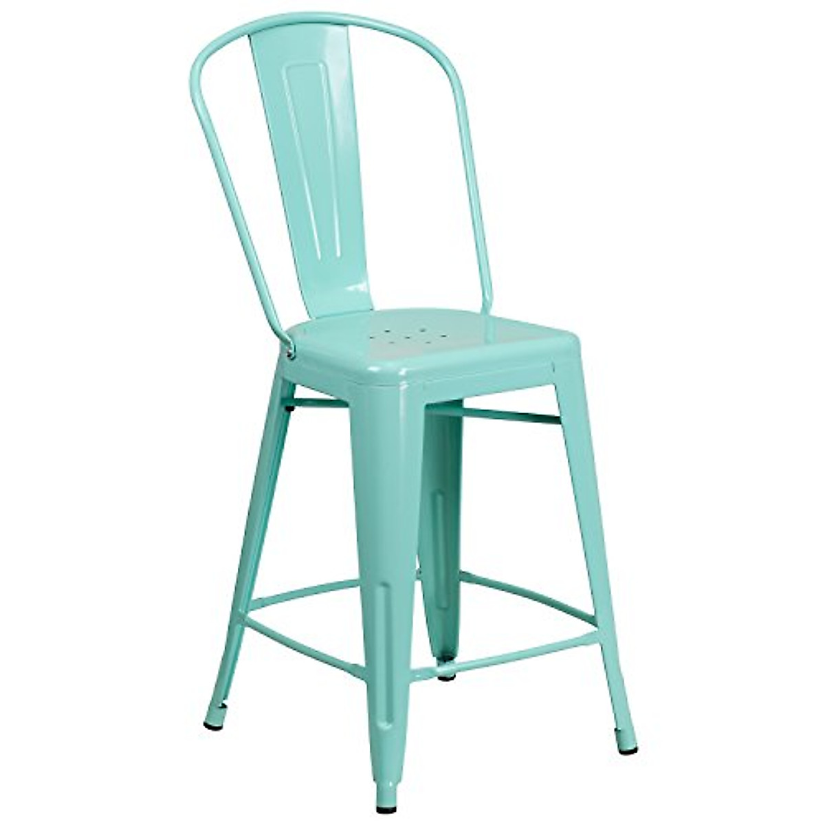 Merrick Lane Stella 24" Metal Indoor-Outdoor Counter Stool with Vertical Slat Back and Integrated Footrest in Mint Green