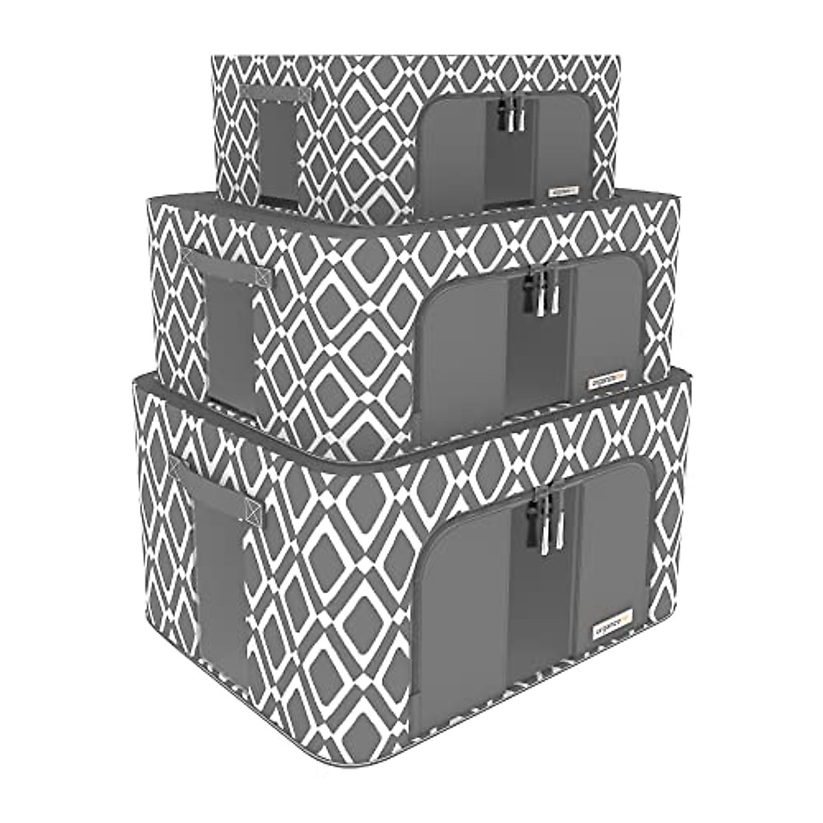 OrganizeME 3 Pack Stackable Clothes Storage Bin Metal Frame Collapsible Storage Box Foldable Bin For Blankets Cloths Comforters Closet Organiser Sturdy Handle Design with Clear Window (Graphite Grey)