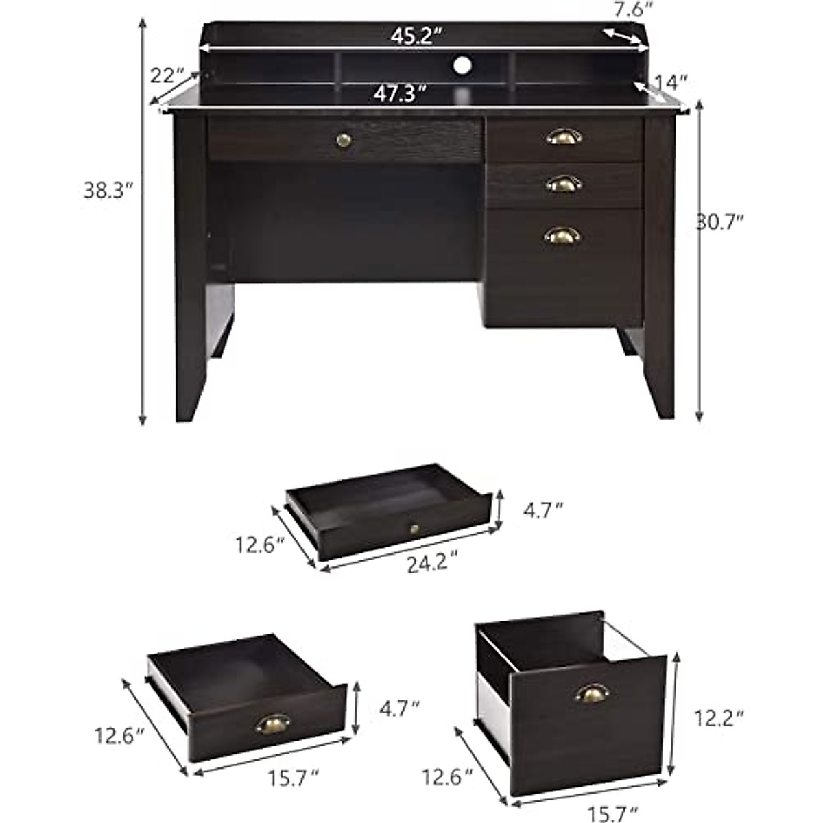 Catrimown Computer Desk with Drawers and Hutch, Farmhouse Wood Home Office Desk Kids Writing Study School Student Desk PC Laptop Desk Bedroom for Small Spaces, Espresso Brown