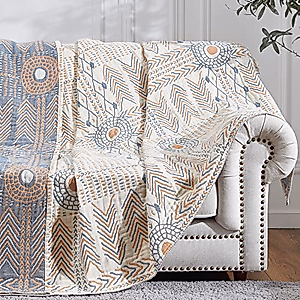 COLLACT Boho Throw Blanket for Couch Cotton Sofa Jacquard Coverlet Orange Throw Blankets for Bed Bohemian Geometric Throws Soft Cozy Quilted Blanket Year Round 60x80 Inch Orange