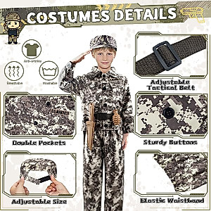 UNIH Army Costume for Kids, Boys Military Soldier Costume with Tactical Vest And Toy Accessories Gear, Halloween Costumes for Boys Kids 3-10 (L)