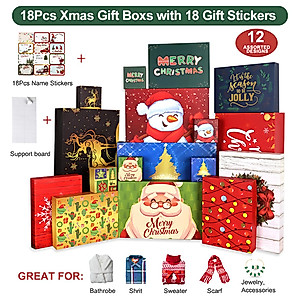 18 Gift Boxes with Lids for Presents, Assorted Christmas Wrapping Boxes for Extra Large Clothes, 12 Designs 4 Size Christmas Robes Shirt Box for Sweater, Xmas Holiday Present Box with 18 Gift Stickers