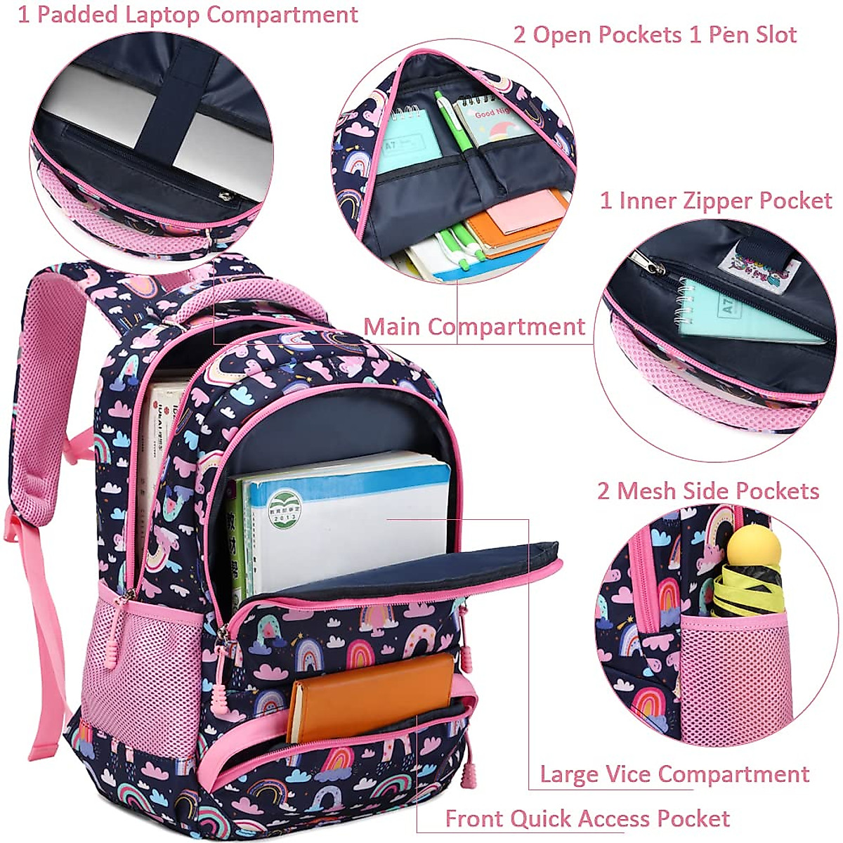 Meisohua Kids Backpacks for Girls Rainbow Backpacks Primary School Backpack Set with Lunch Tote 3 in 1 School Bags for Girls