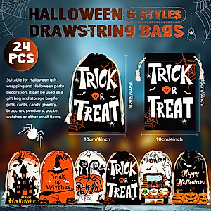 24 Pieces Halloween Party Favor Bag with Drawstring 4 x 6 Inch Canvas Treat Bag Halloween Candy Bag Goodie Bags for Birthday Halloween Party Supplies, 6 Styles