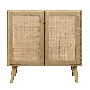 Anmytek Rattan Cabinet, 2 Door Sideboard Buffet Cabinet with Adjustable Shelf Wood Storage Cabinet for Living Room Dining Room Kitchen Hallway Entryway，H0082