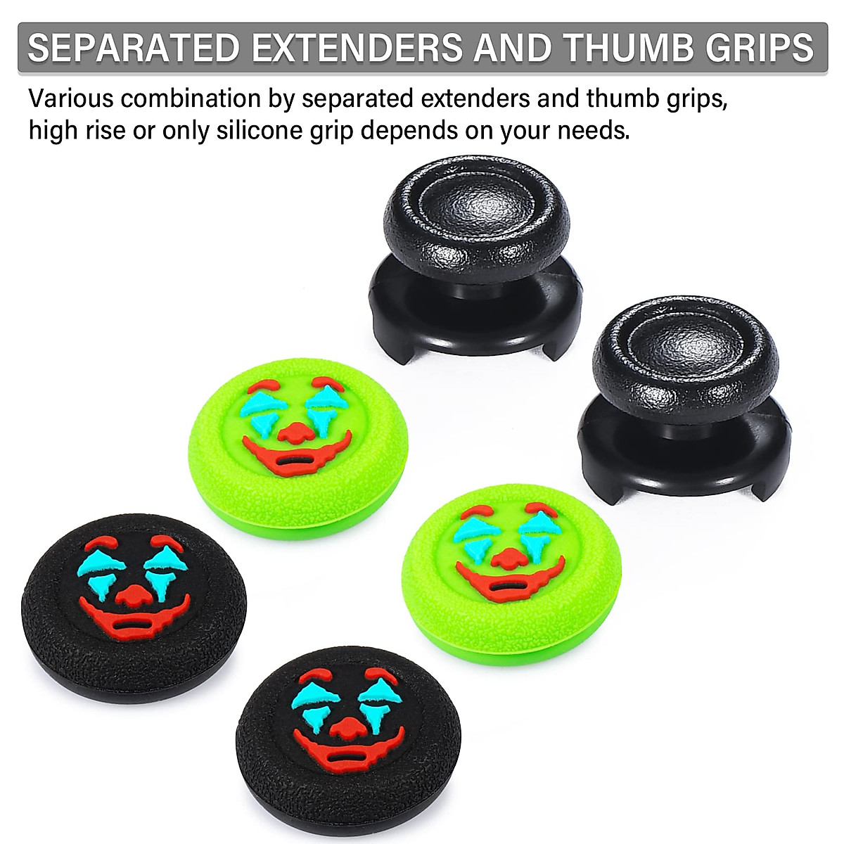 Playrealm FPS Thumbstick Extender & Texture Rubber Silicone Grip Cover 4 Sets for PS5 & PS4 Controller (Joker Green+Black)