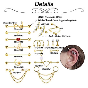 NICEIGHT 20Pcs 316L Stainless Steel Industrial Barbell Earring Cartilage Earring Helix Tragus Studs Conch Daith Piercing Jewelry G