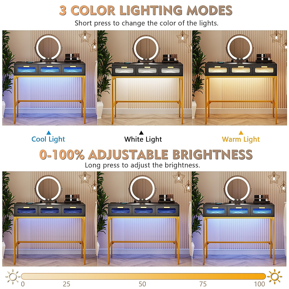 Gurexl 3 in 1 Vanity Desk with 3 Drawers, Modern Makeup Vanity Dressing Table with 3 Color Lighting Modes, Home Office Laptop Writing Desk with Gold Metal Frame (Black)