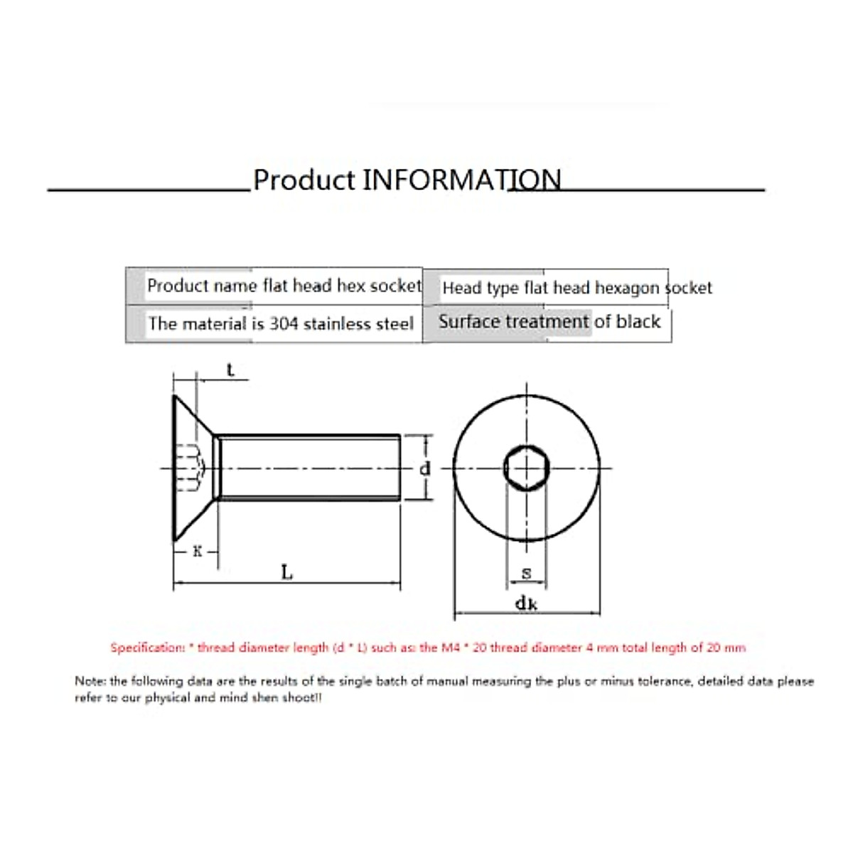 Tapping Screws,Screw Bolt,Black 304 Stainless Steel Countersunk Head Socket Head Cap Screws, M2M2.5M3M4M5M6 Flat Head Hex Socket Head Cap Screws, Small Screws,M4*6(50pcs) (Color : M5*12(20pcs))