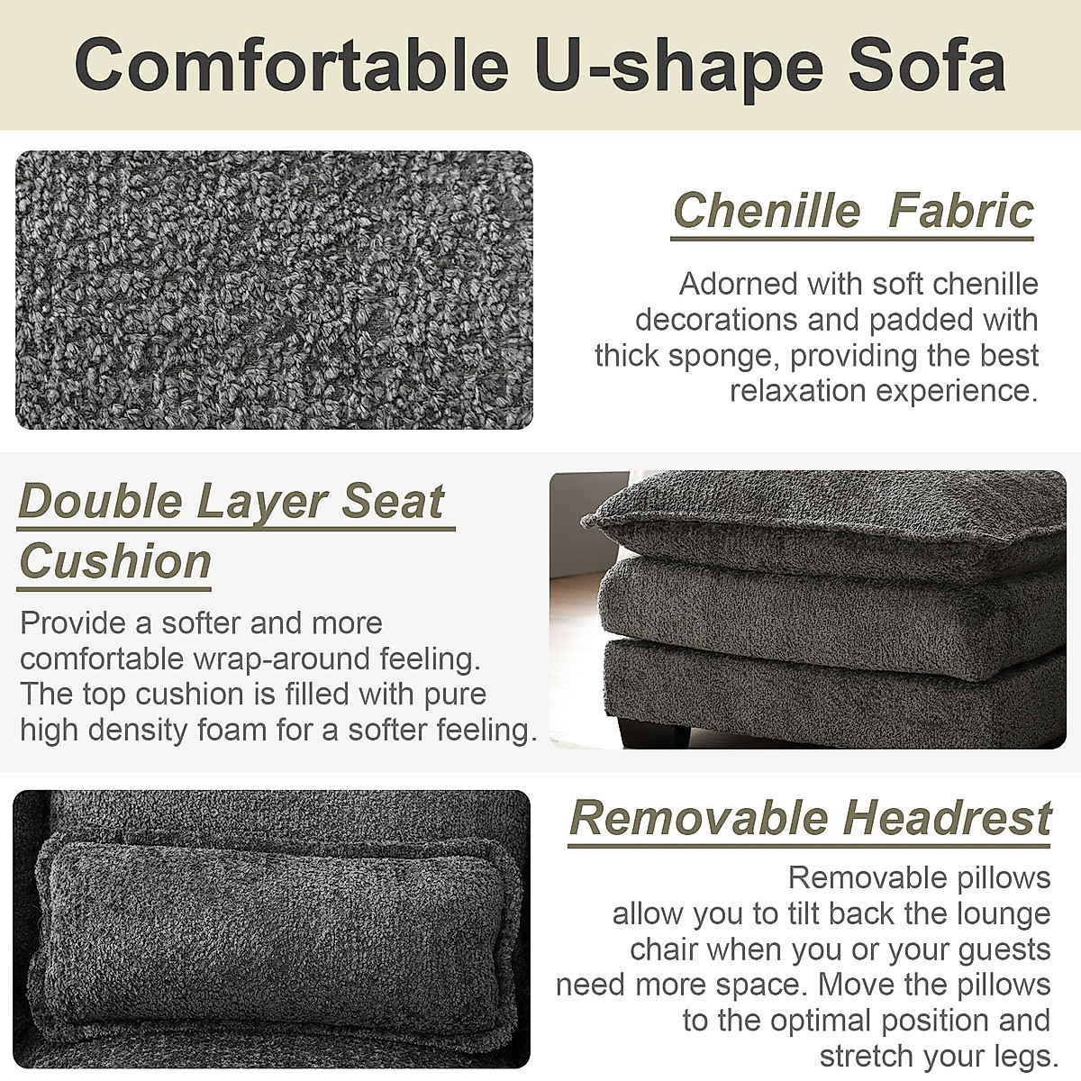 HZANHY Convertible Sectional Sofa Chenille U Shaped Couch with Reversible Chaise Modular Sectional Couch 4 Seater Sofa with Storage Seat