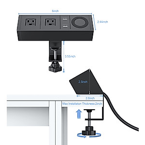Desk Clamp Power Strip with Wireless Charger,Desk Mounted Power Strip with USB,900 Joules Surge Protector Desk Edge Power Strip,Desk Power Station with 2 Outlet and 2 USB Ports,6ft Cable